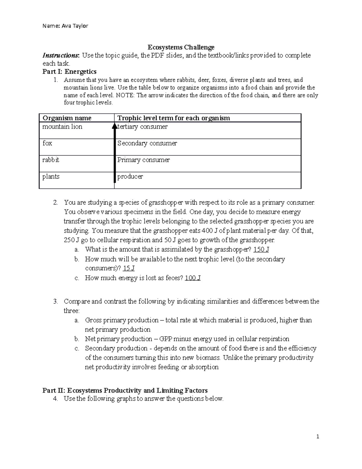 Ecosystems challenge Worksheet - Ecosystems Challenge Instructions: Use ...