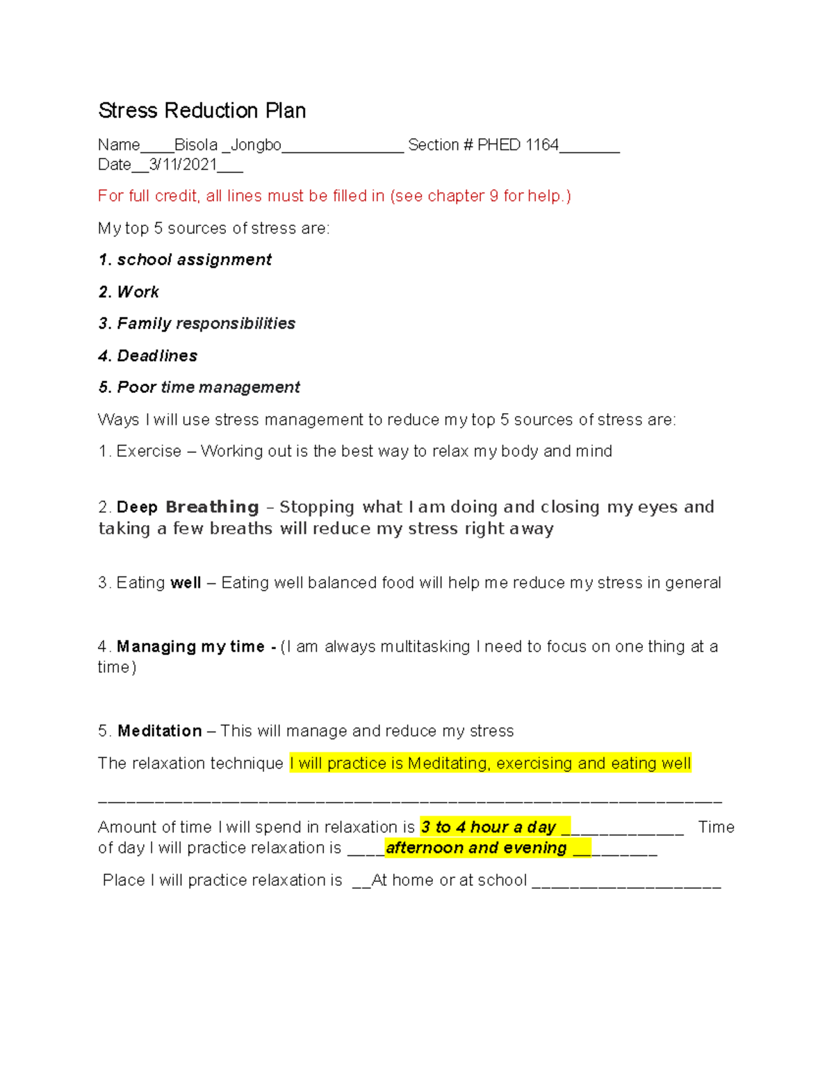 Stress reduction & Nutrition plan - Stress Reduction Plan Name ...