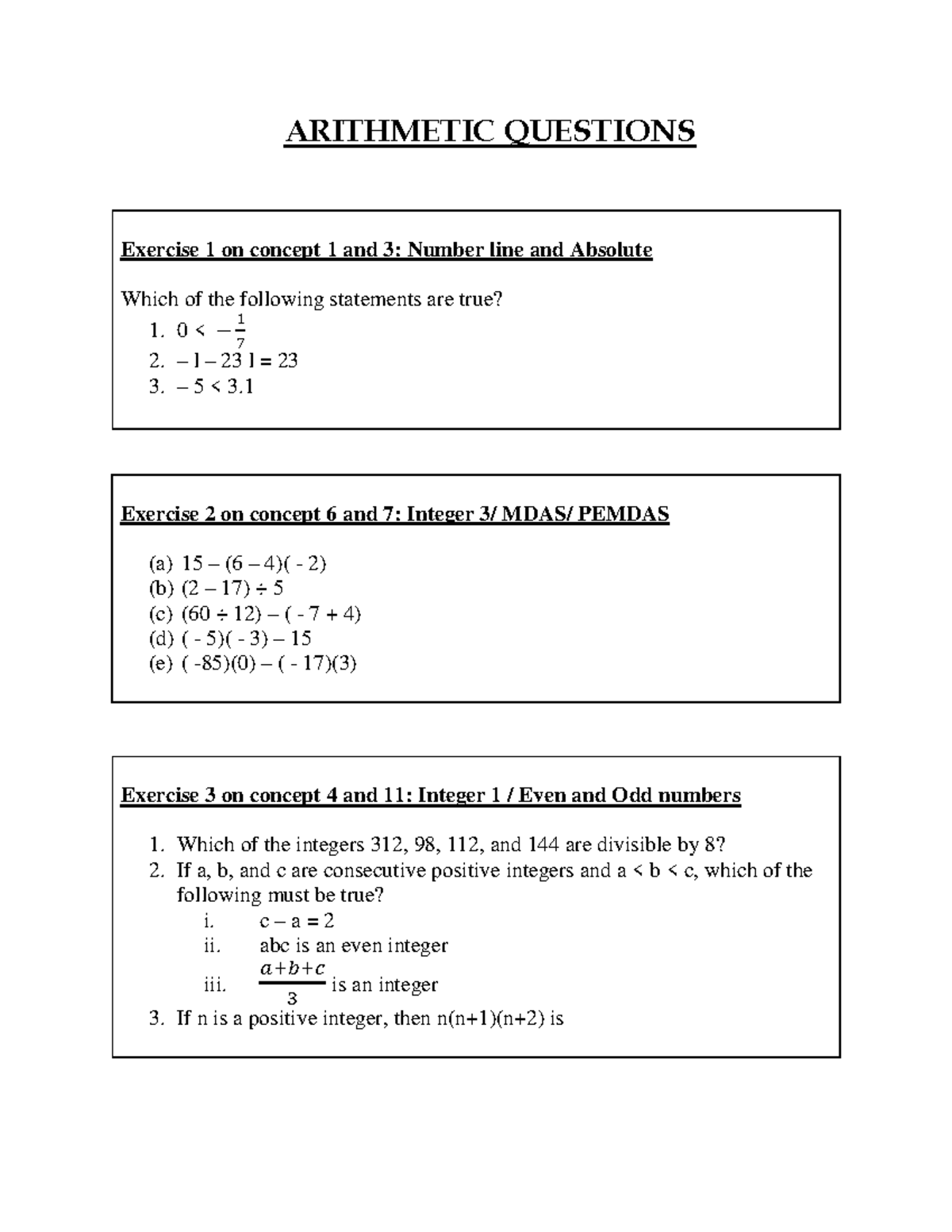 Arithmetic EX - for studie - ARITHMETIC QUESTIONS Exercise 1 on concept ...