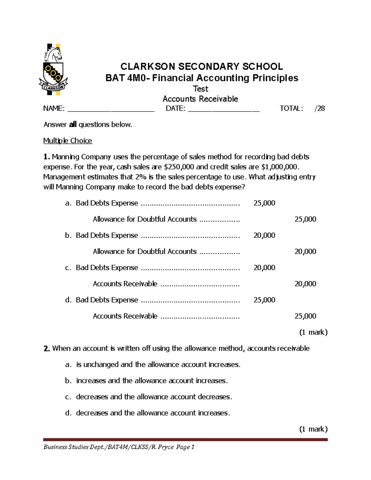 Accounts Receivable Test - CLARKSON SECONDARY SCHOOL BAT 4M0- Financial ...