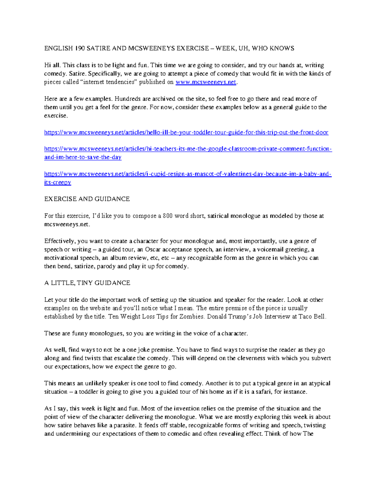 ENGL 190 Handout Satire and Mc Sweeneys Exercise - ENGLISH 190 SATIRE ...