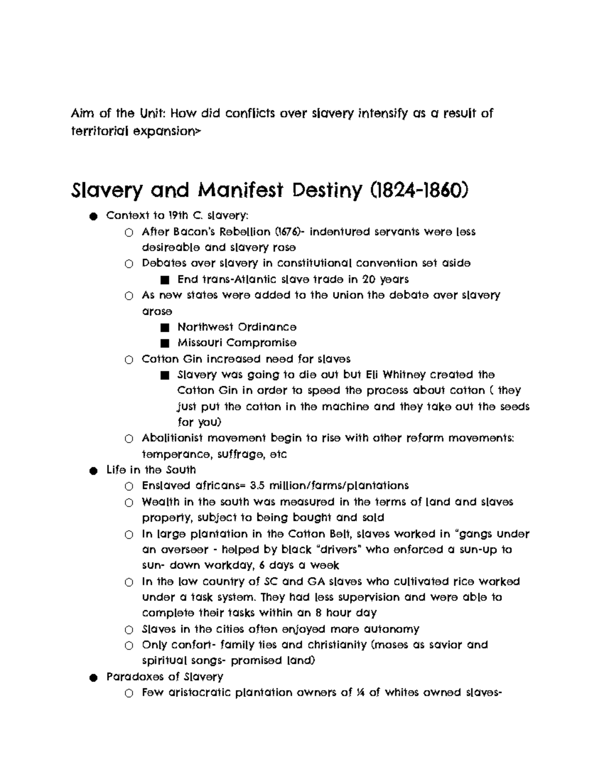 Unit 5 Notes - Aim of the Unit: How did conflicts over slavery ...