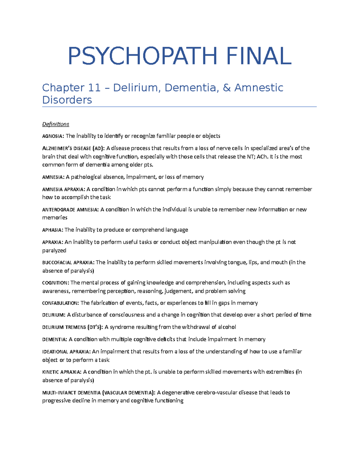 Ch 11: Delirium, Amnesia - PSYCHOPATH FINAL Chapter 11 – Delirium ...