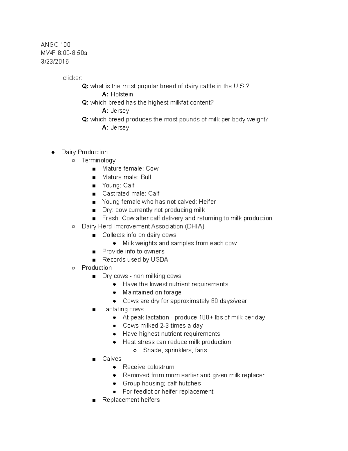 ANSC100_Lecture21 - ANSC 100 MWF Iclicker: Q: what is the most popular ...