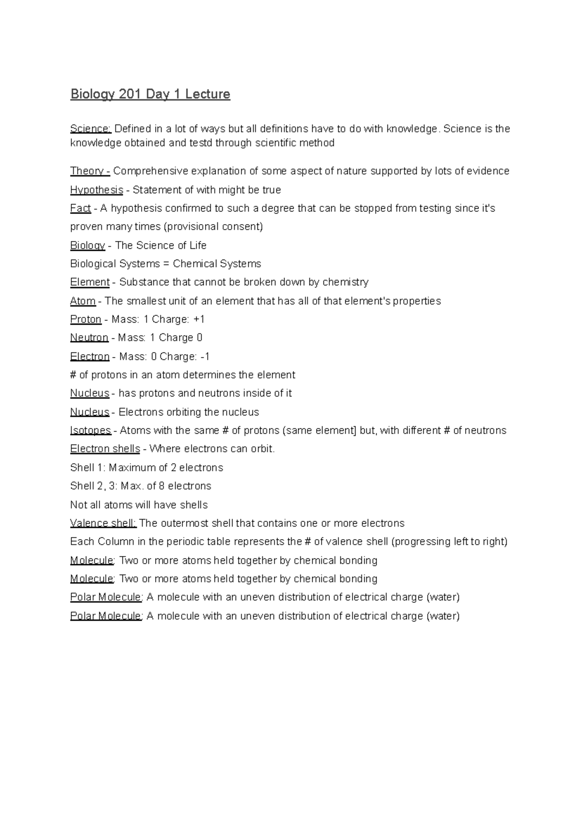 Biology Notes - Day one - Biology 201 Day 1 Lecture Science: Defined in ...