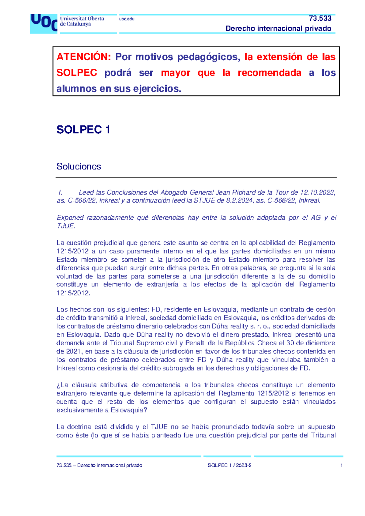 Solpecs - 73 .5 33 – Derecho internacional privado SOLPEC 1 / 2023 - 2 1 Derecho internacional ...