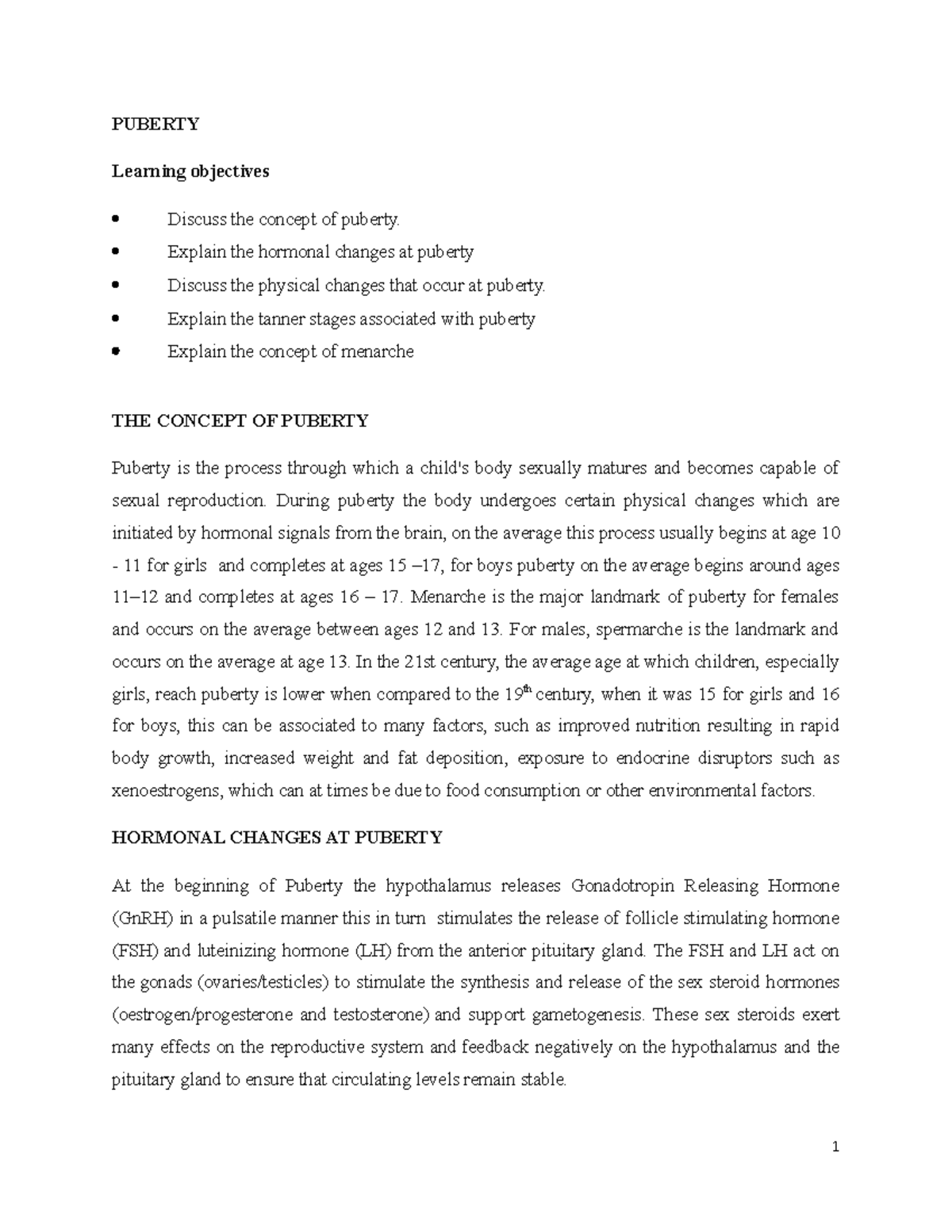 Puberty - Maternal and child health - PUBERTY Learning objectives ...