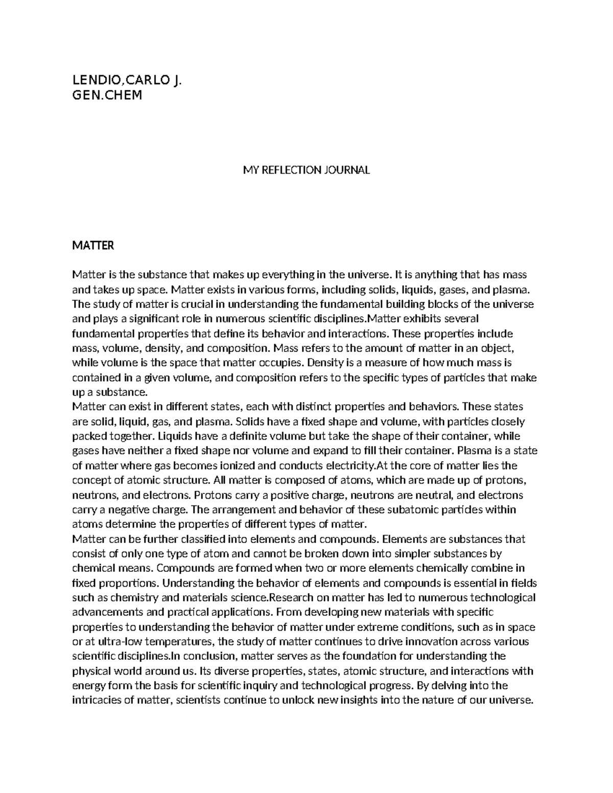 GEN CHEM - good for gen chem - LENDIO,CARLO J. GEN MY REFLECTION ...