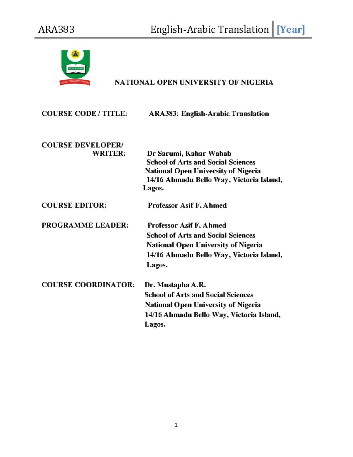 ARA-383- English- Arabic- Translation Teacher - NATIONAL OPEN ...