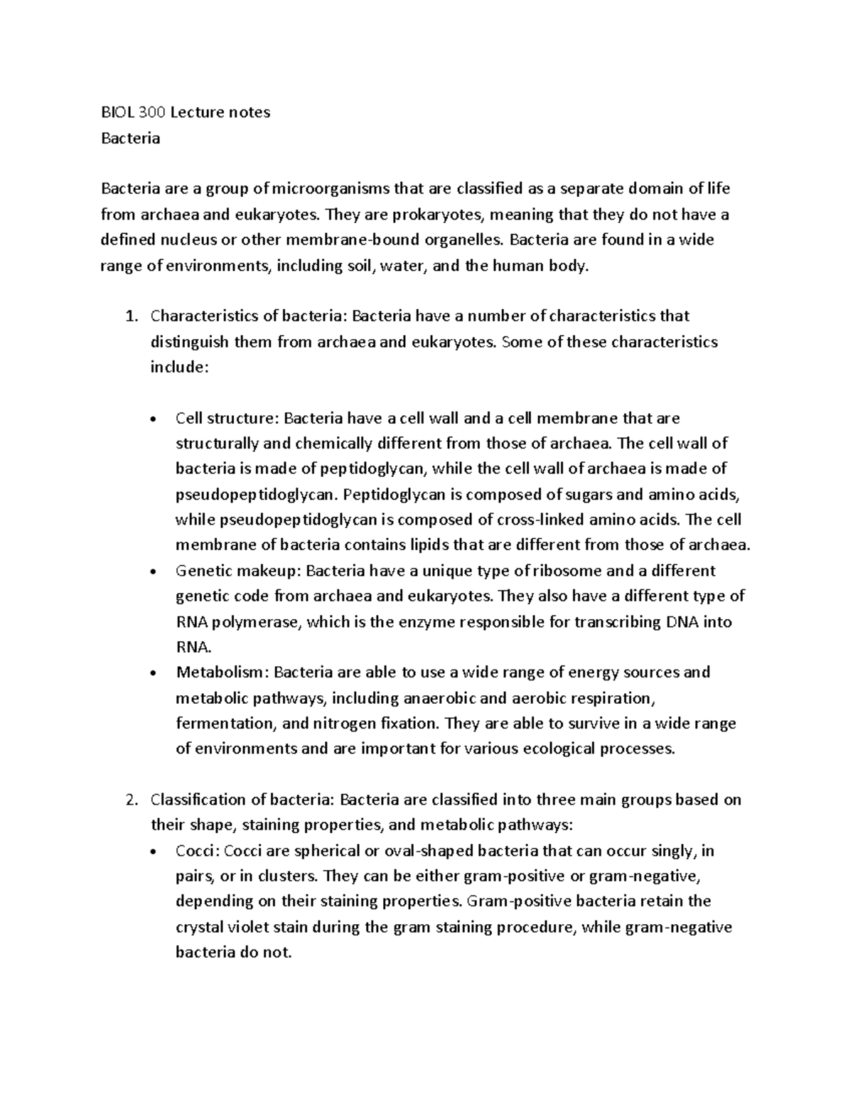 BIOL 300 Bacteria notes - BIOL 300 Lecture notes Bacteria Bacteria are ...