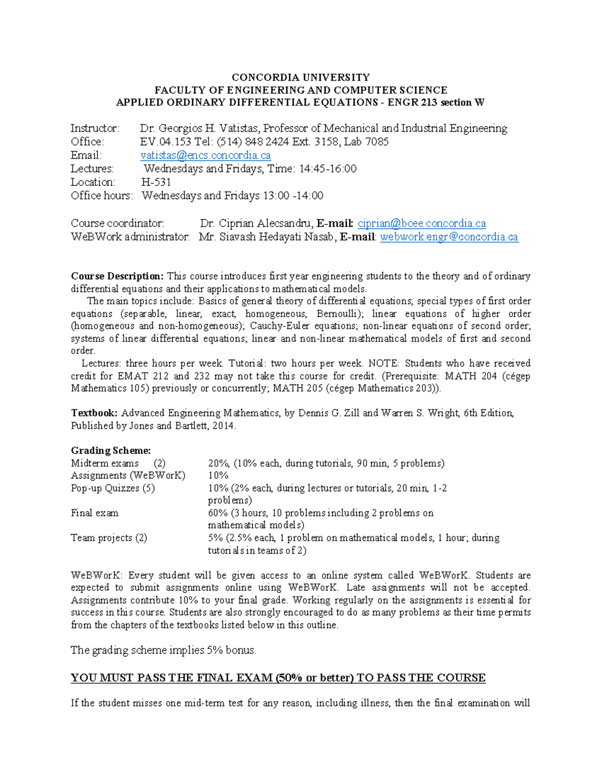 ENGR 213 Outline-2019 Winter - CONCORDIA UNIVERSITY FACULTY OF ENGINEERING AND COMPUTER SCIENCE ...