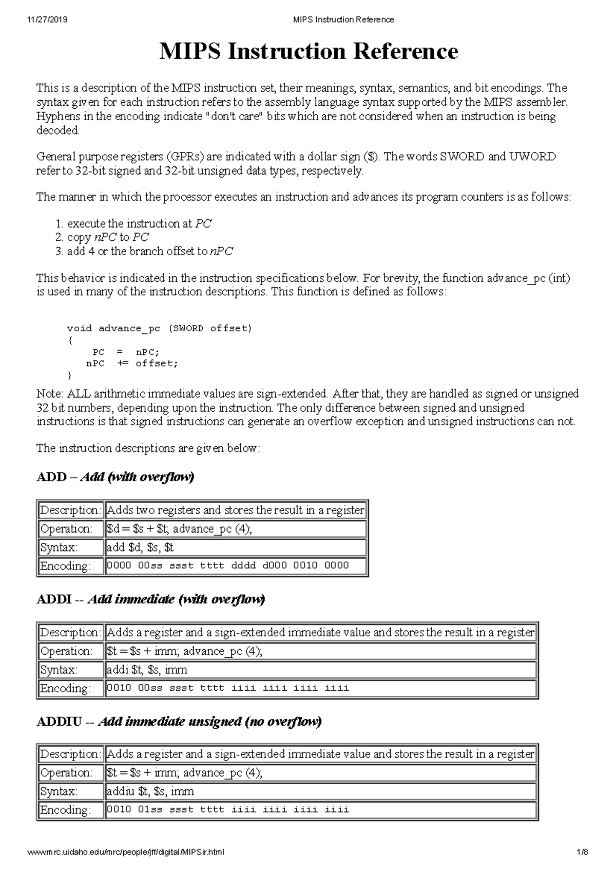 MIPS Instruction Reference - The syntax given for each instruction refers to the assembly ...