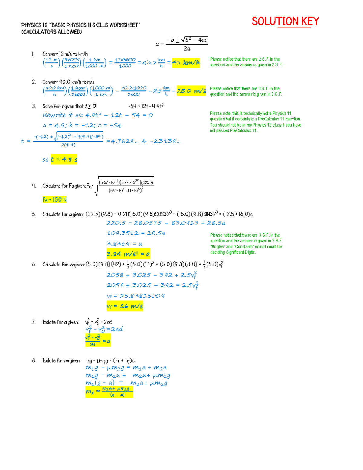 Physics 12 Day 1 Worksheet Solution 2023 - 𝑥 = −𝑏 ± √𝑏 2 − 4𝑎𝑐 2𝑎 ( 12 ...
