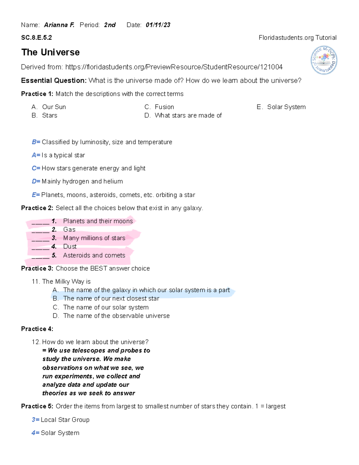 The Universe Tutorial - Ksnsksnskd - Name: Arianna F. Period: 2nd Date ...