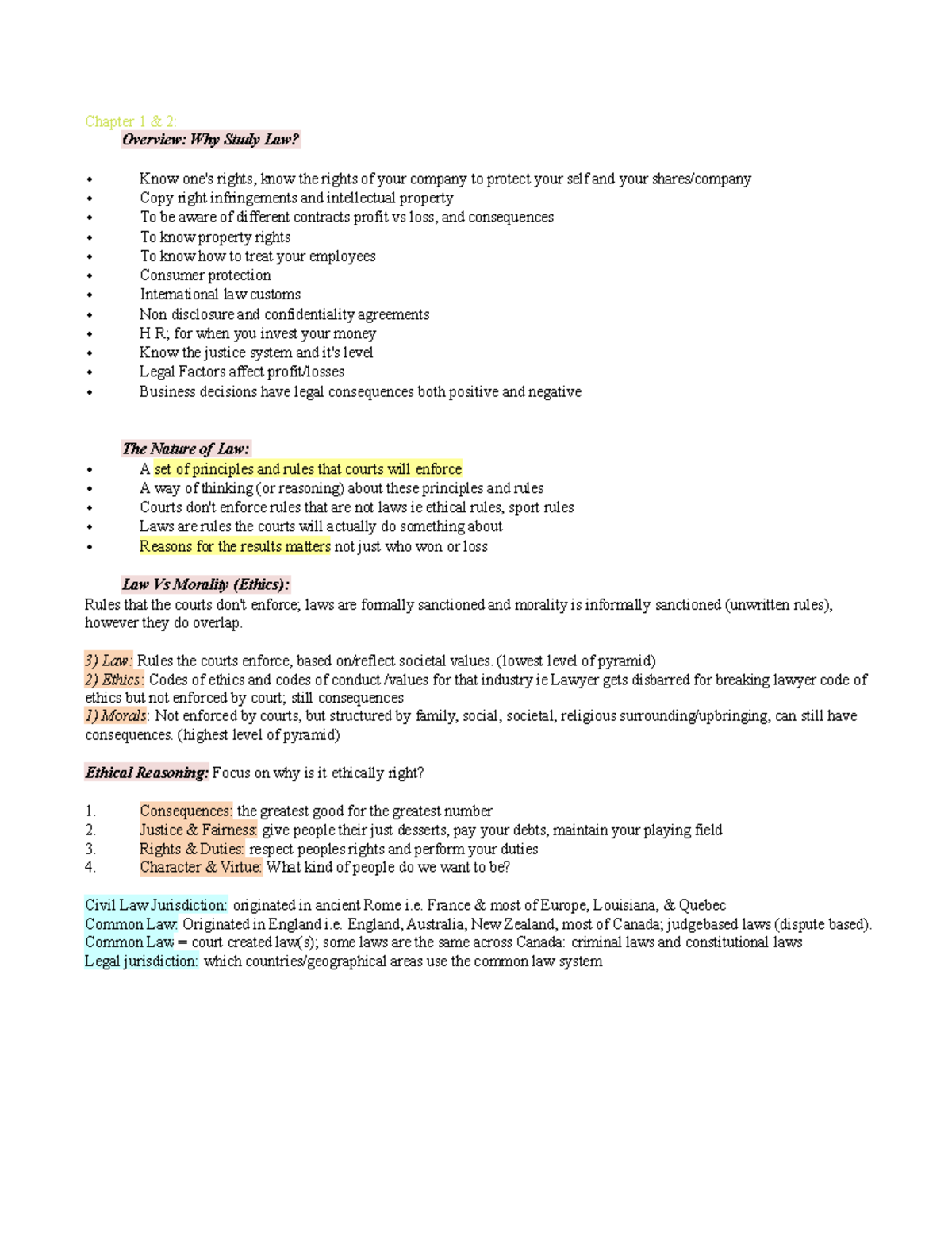 Law 122 - law notes - Chapter 1 & 2: Overview: Why Study Law? Know one ...