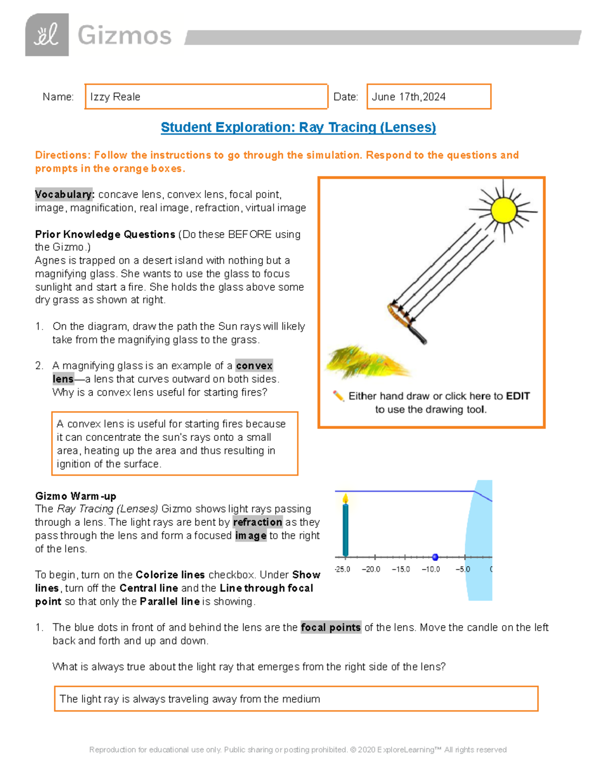 Gizmo - Ray Tracing Lenses SE - Name: Izzy Reale Date: June 17th ...