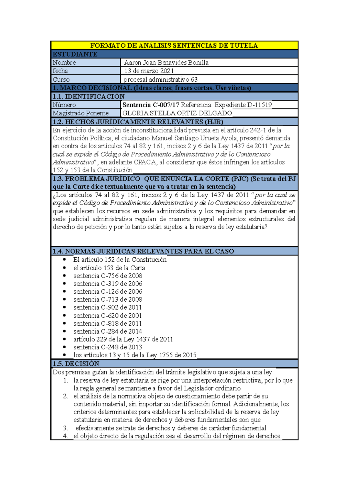 T- Formato - FORMATO DE ANÁLISIS SENTENCIAS DE TUTELA ESTUDIANTE Nombre ...