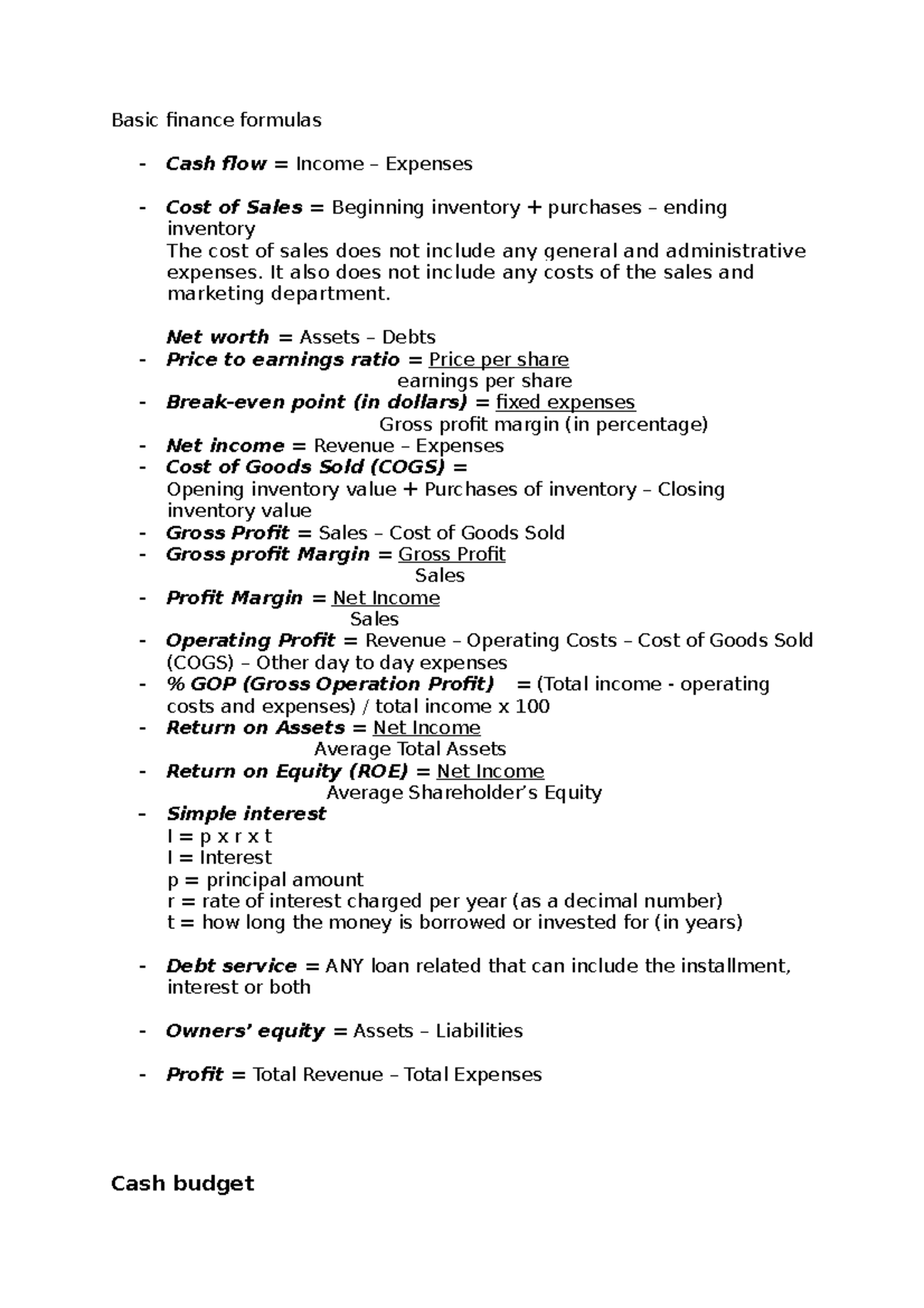 Basic Finance Formulas It Also Does Not Include Any Costs Of The