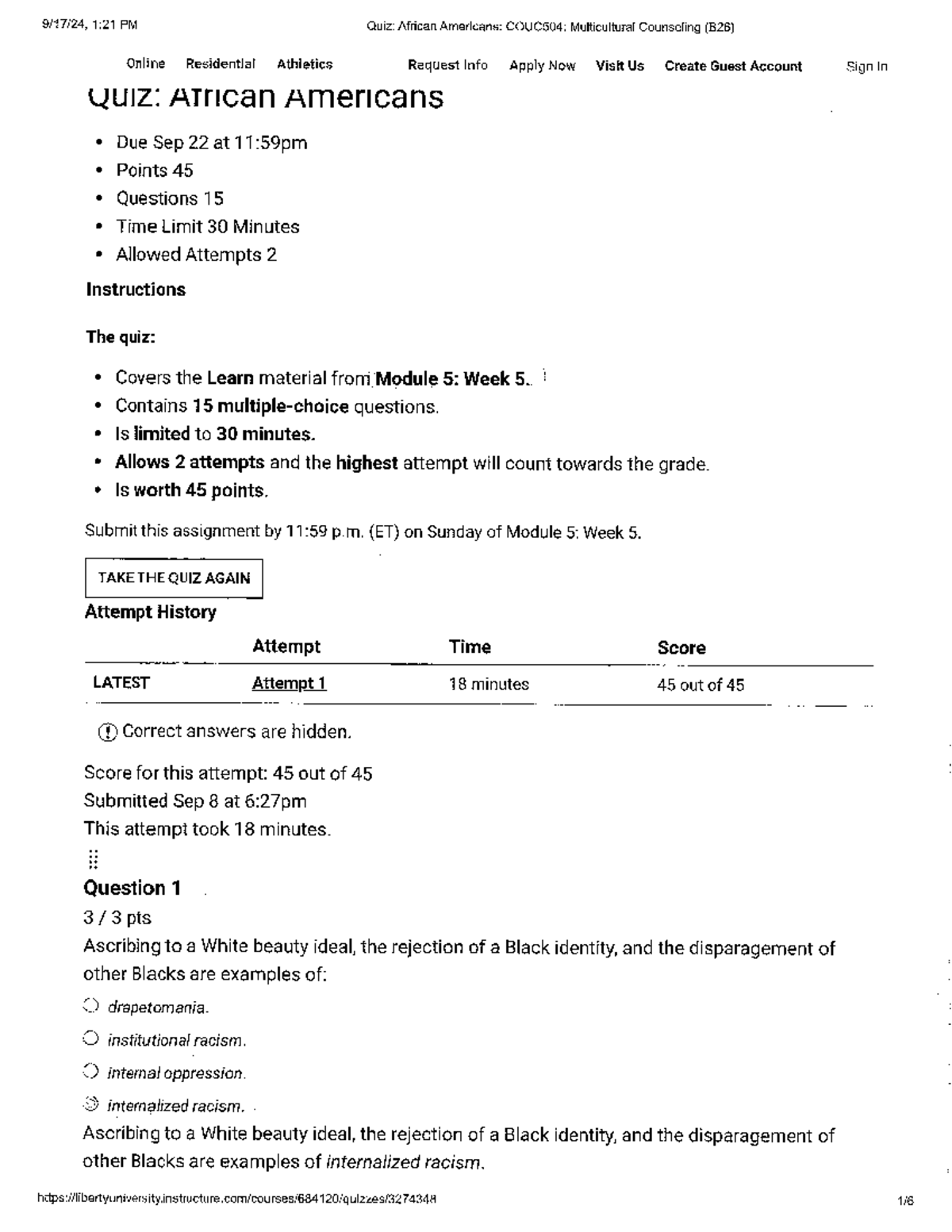 African Americans -Week 5 - 1:21 PM Quiz: African Americans: COUC504 ...