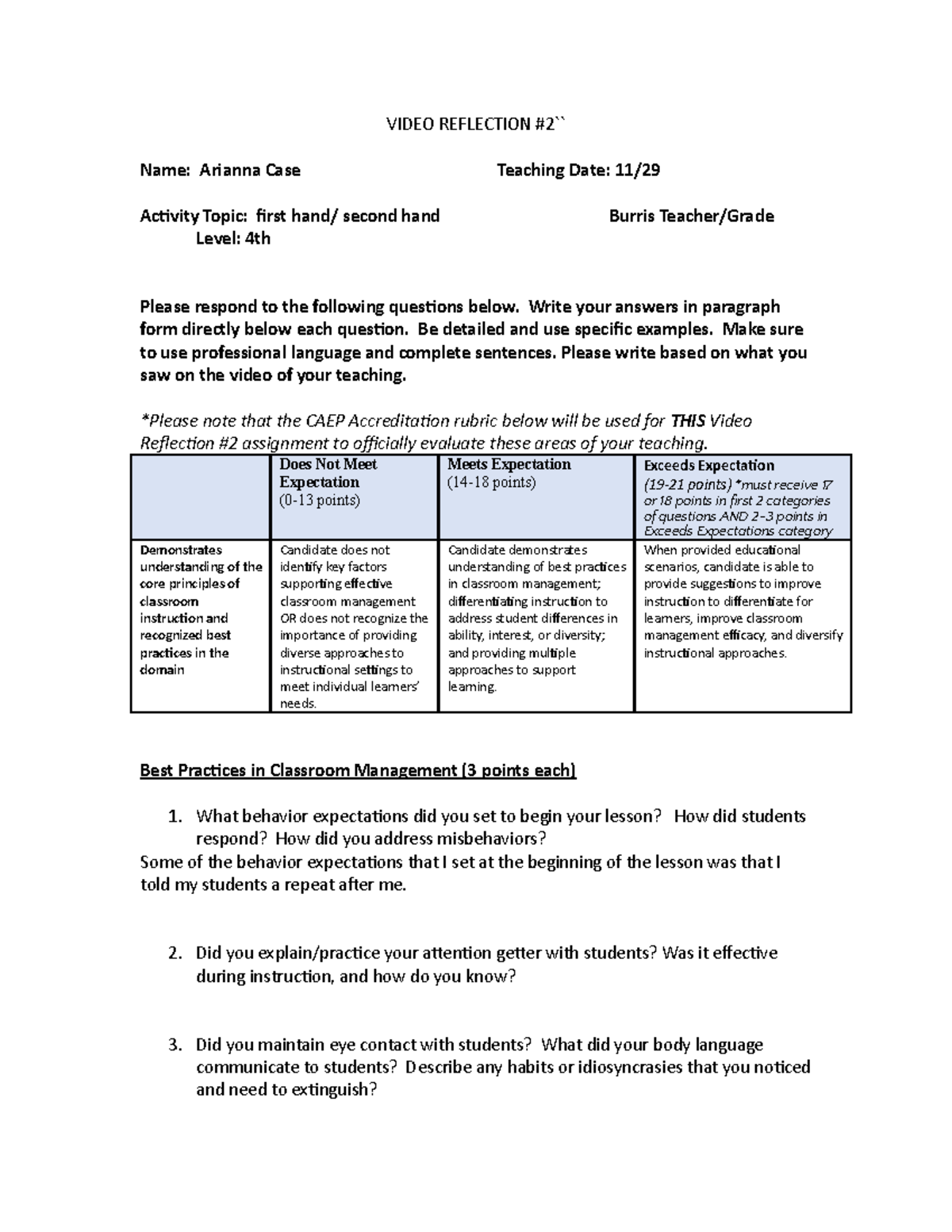 Case EDEL 200 Video Reflection 2 - VIDEO REFLECTION #2`` Name: Arianna ...