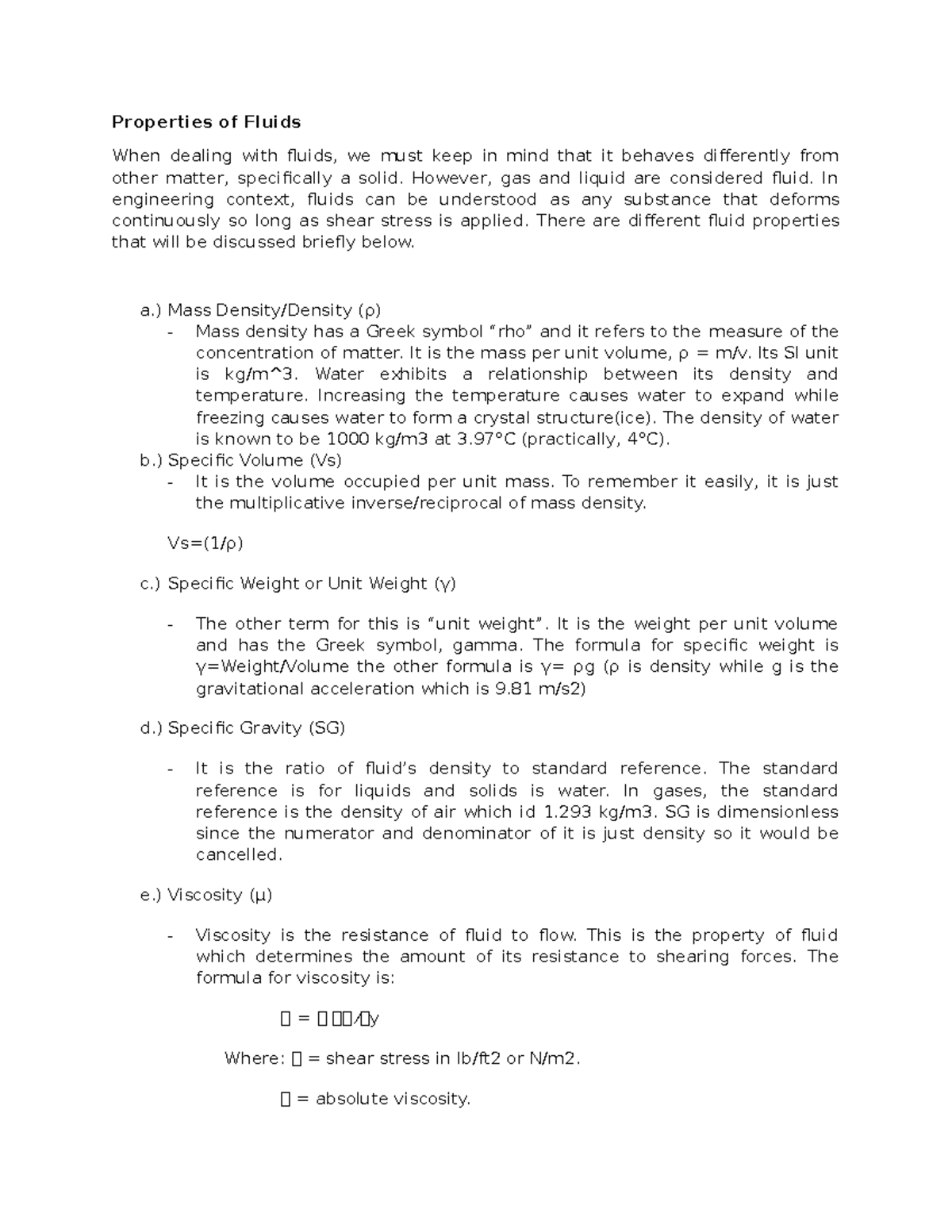Assignment Fluids Properties of Fluids - Properties of Fluids When ...
