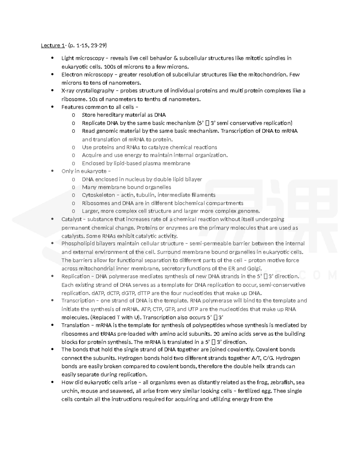 Summary - note - Lecture 1- (p. 1-15, 23-29) Light microscopy – reveals ...
