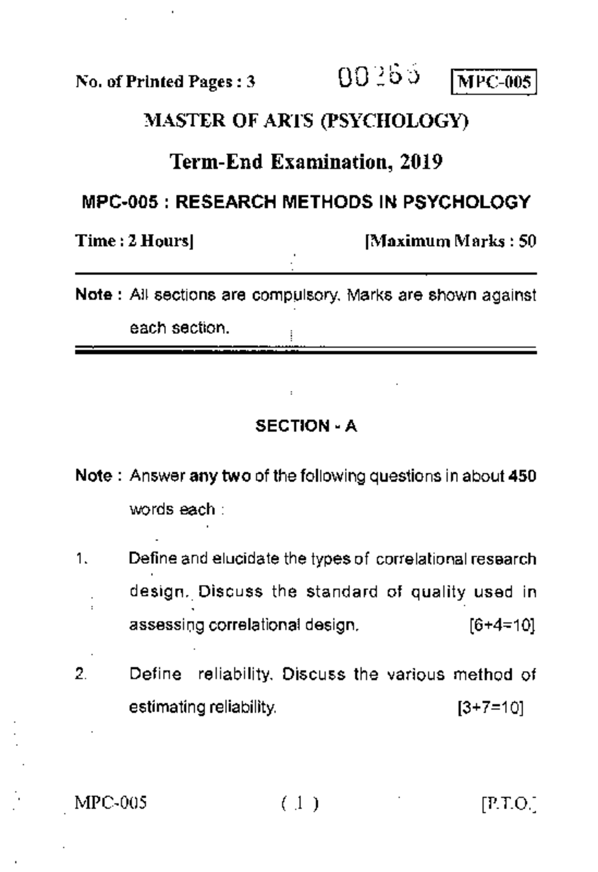 MPC-005 - MPC - No. of Printed Pages : 3 u u u MPC- MASTER OF ARTS (PSYCHOLOGY) Term-End - Studocu