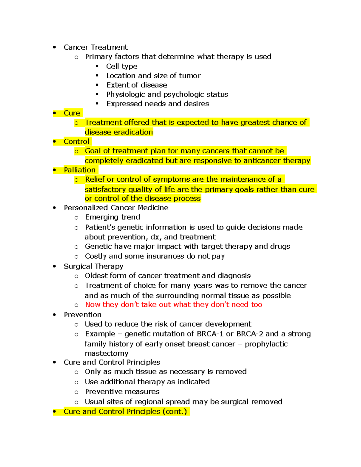 Cancer Treatment - ) o Examples of surgical procedures used for cure or ...