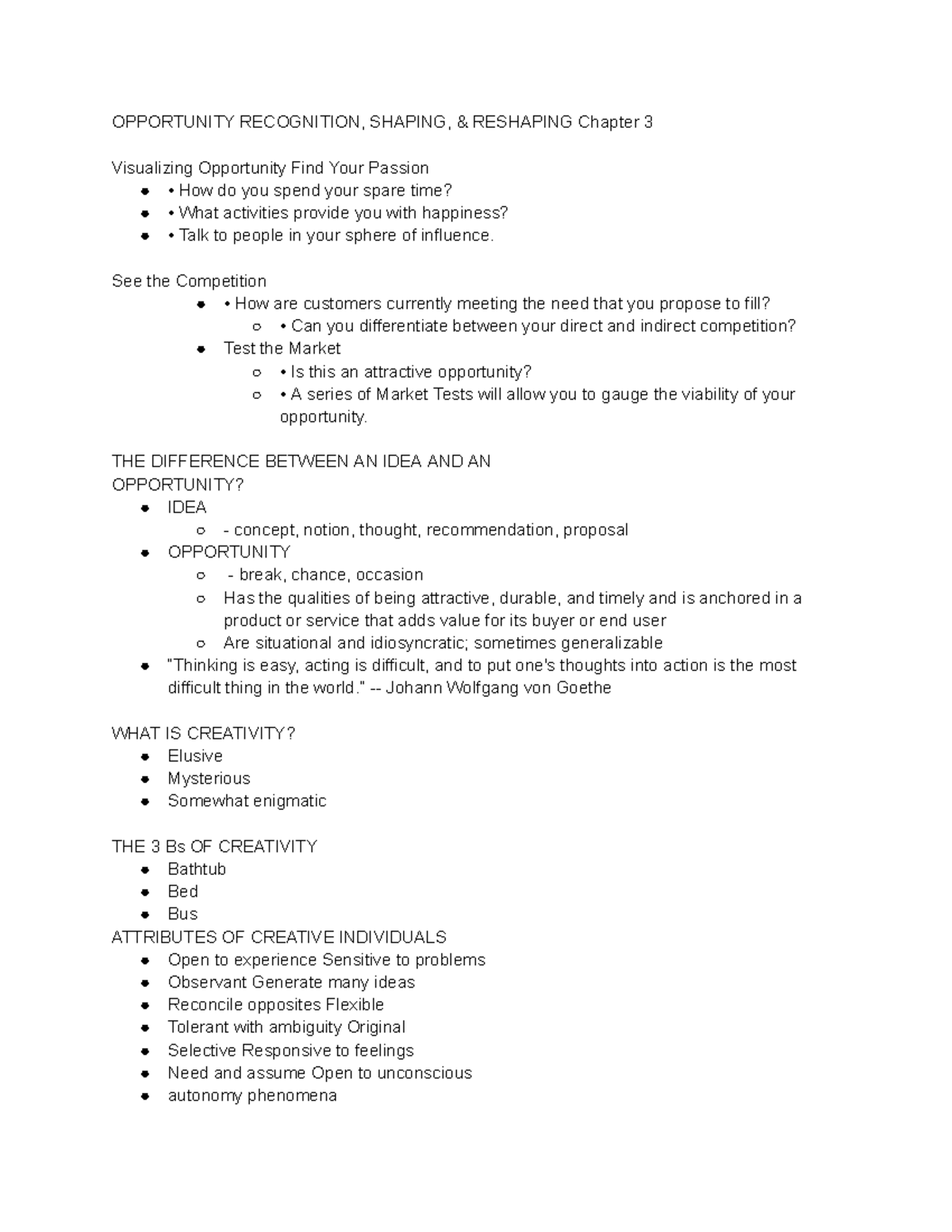 Mgt Chapter 3 Notes Opportunity Recognition Shaping Reshaping