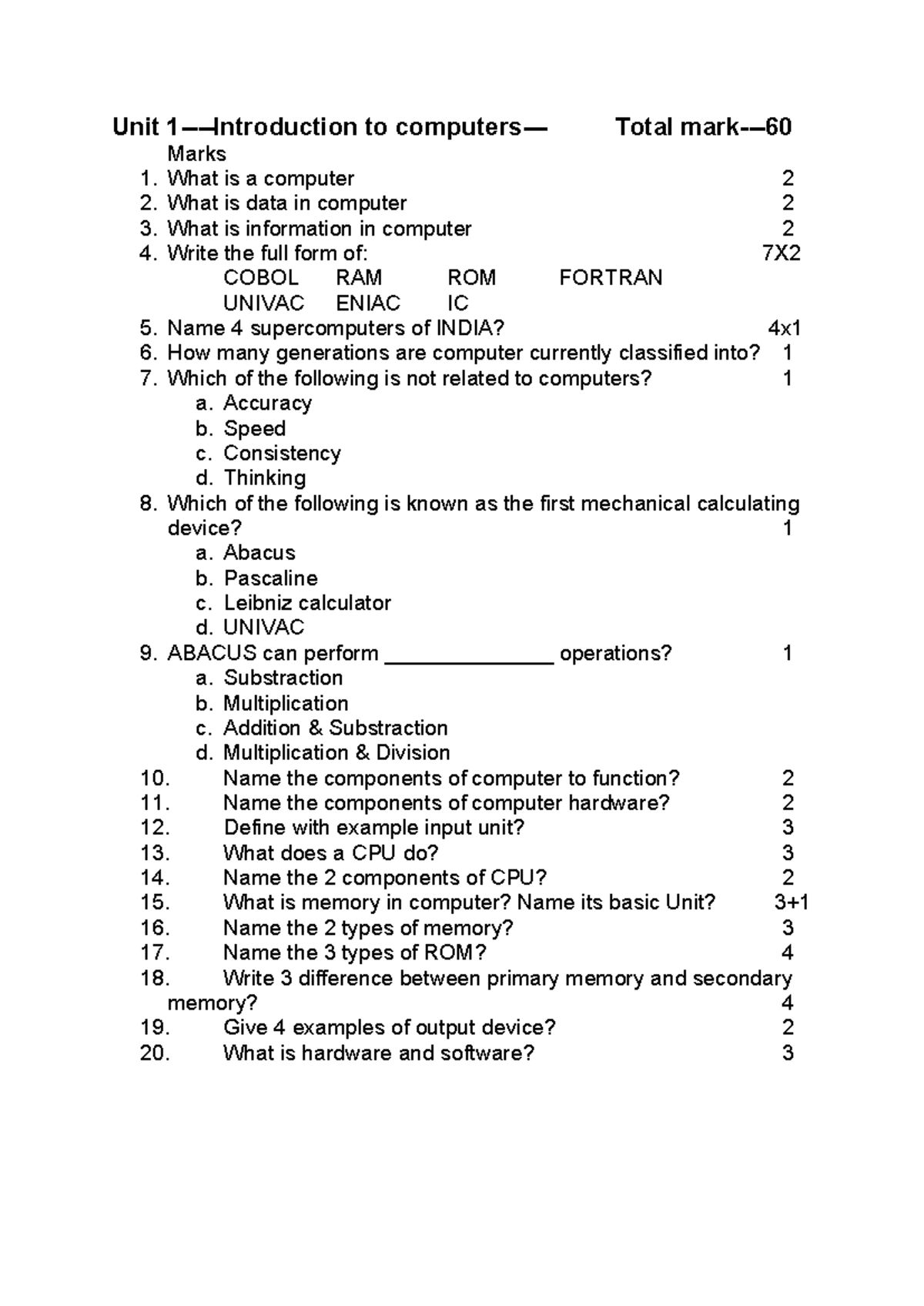 Question paper - sdss - Unit 1-Introduction to computers- Total mark ...
