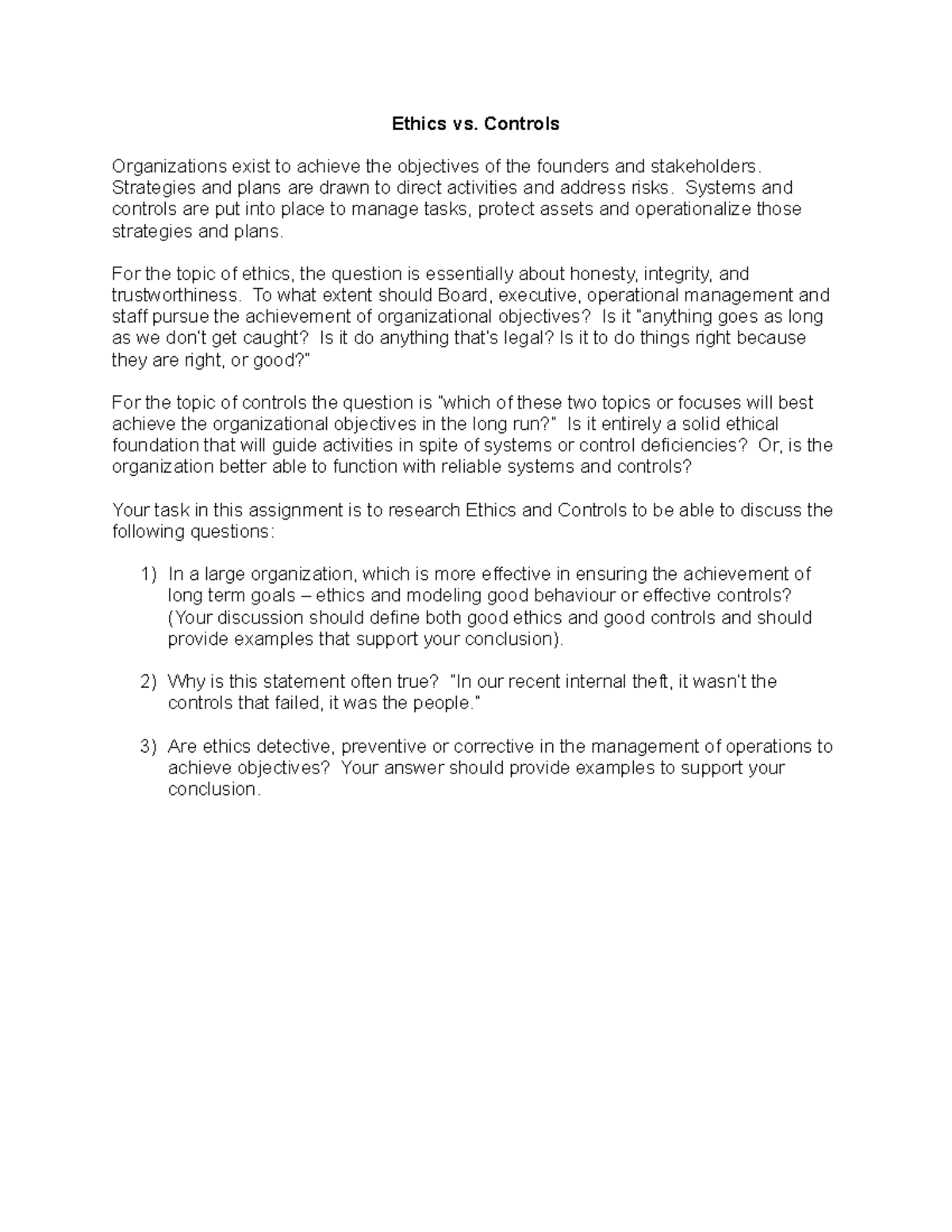 Ethics vs Controls - Lecture notes 3 - Ethics vs. Controls ...