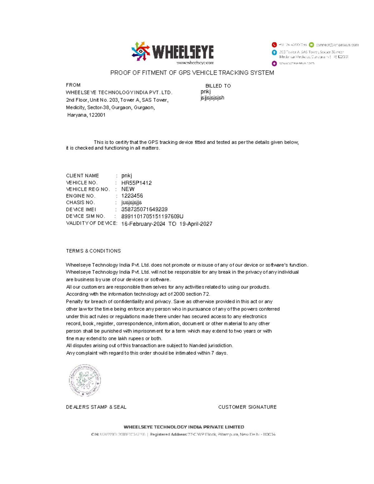 HR55P1412 certificate - PROOF OF FITMENT OF GPS VEHICLE TRACKING SYSTEM ...