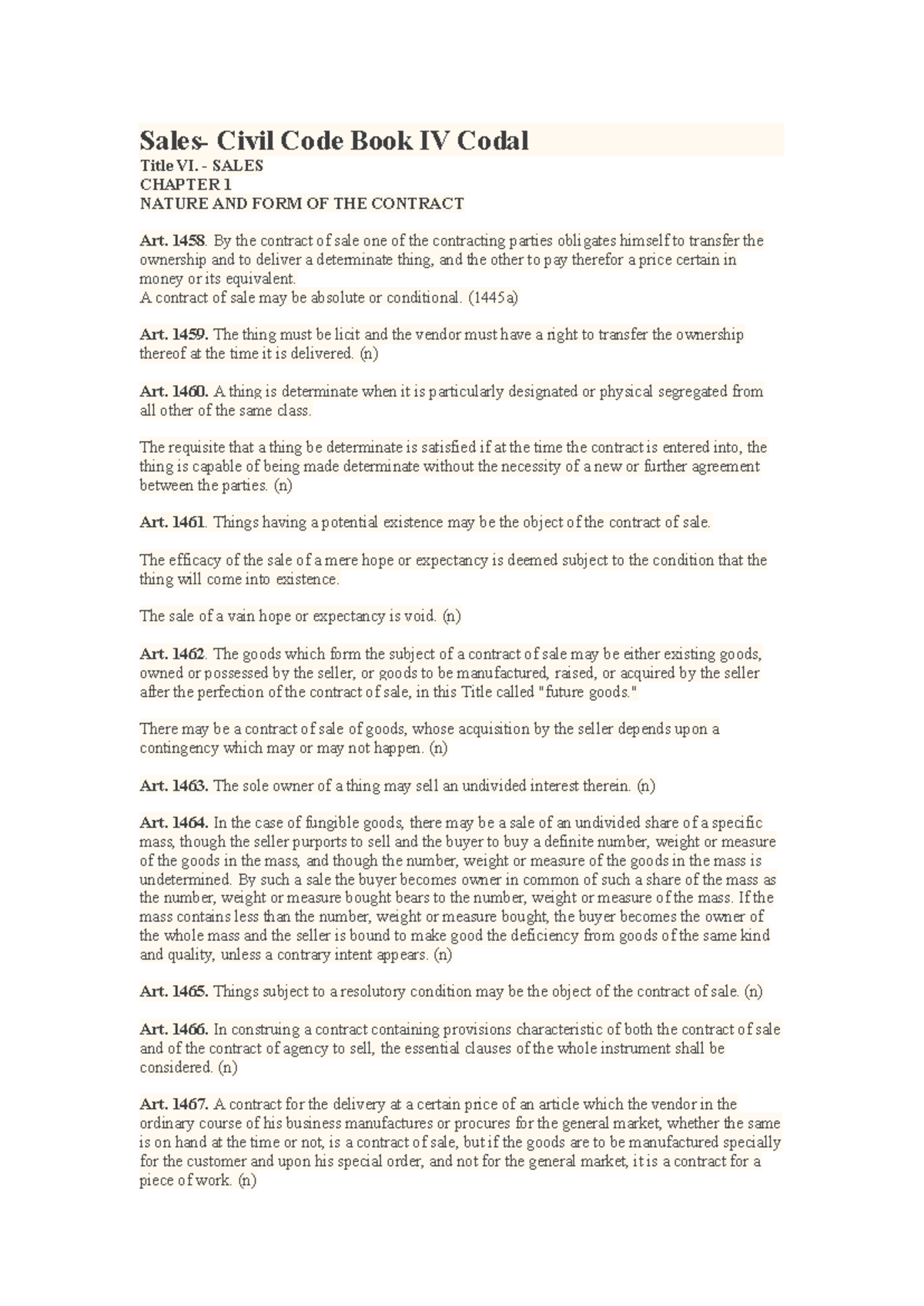 Contract of Sales - Sales- Civil Code Book IV Codal Title VI. - SALES ...