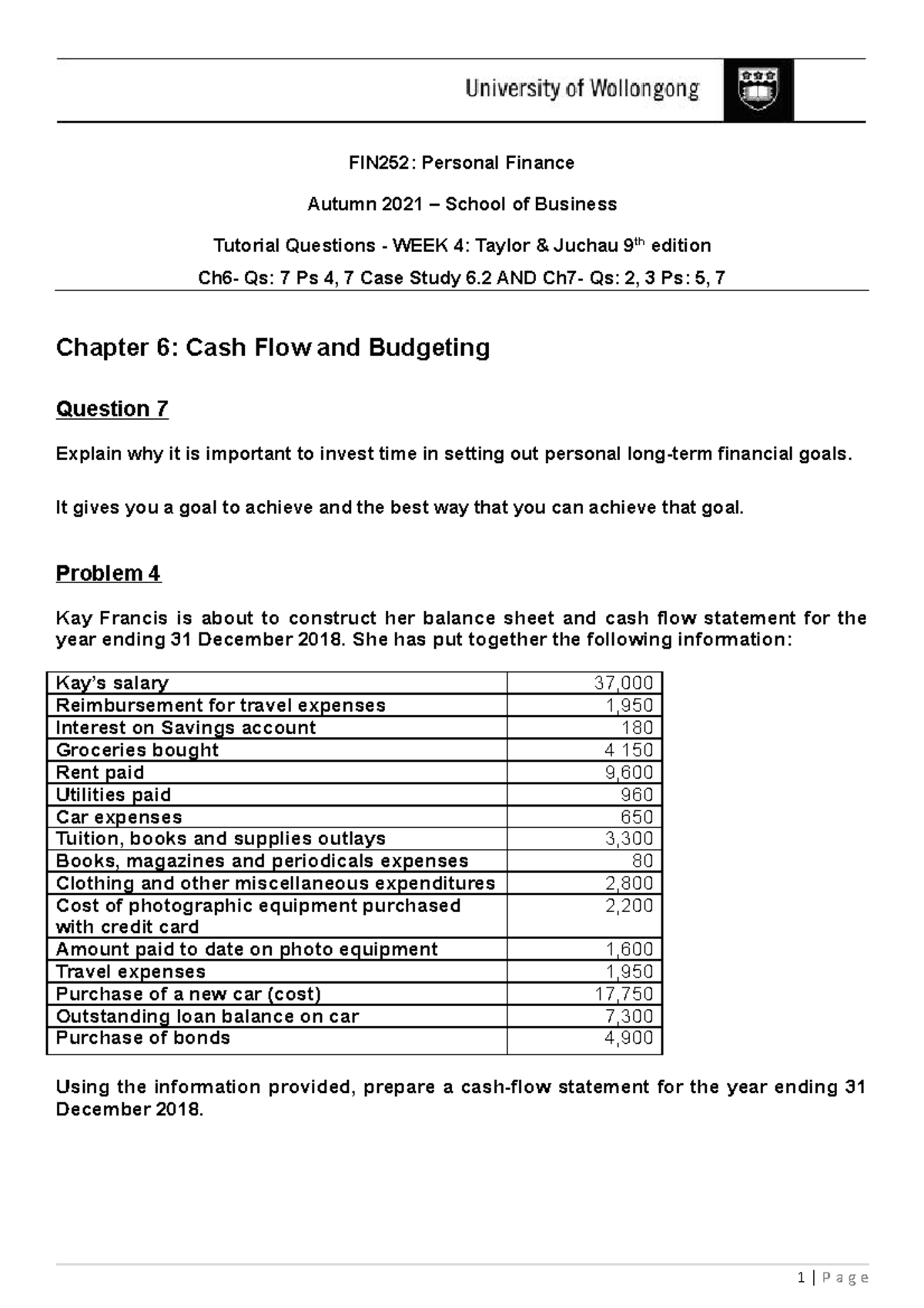 FIN252 Tutorial Topic 3 questions - FIN252: Personal Finance Autumn ...