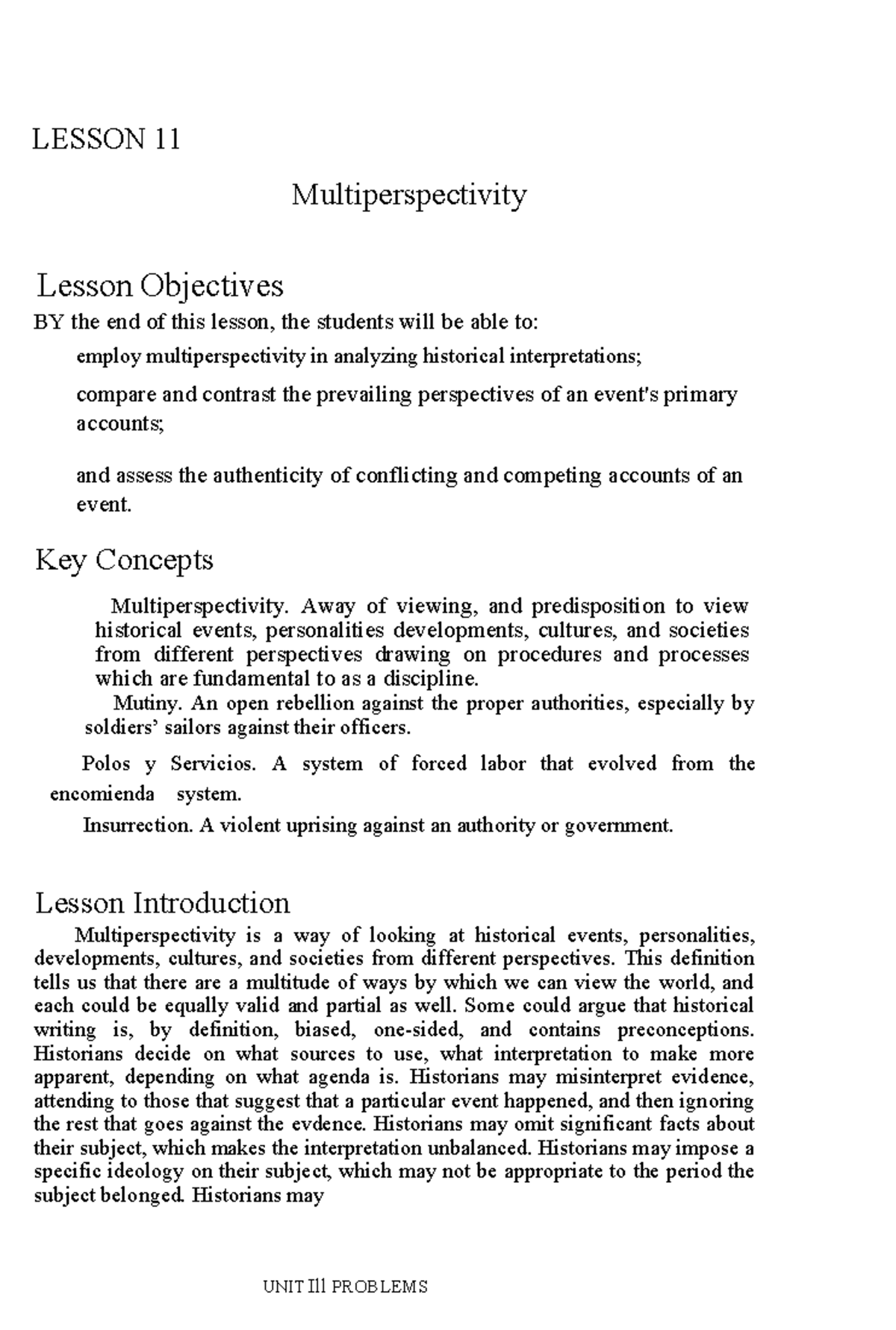 UNIT III - chapters - LESSON 11 Multiperspectivity Lesson Objectives BY the end of this lesson ...