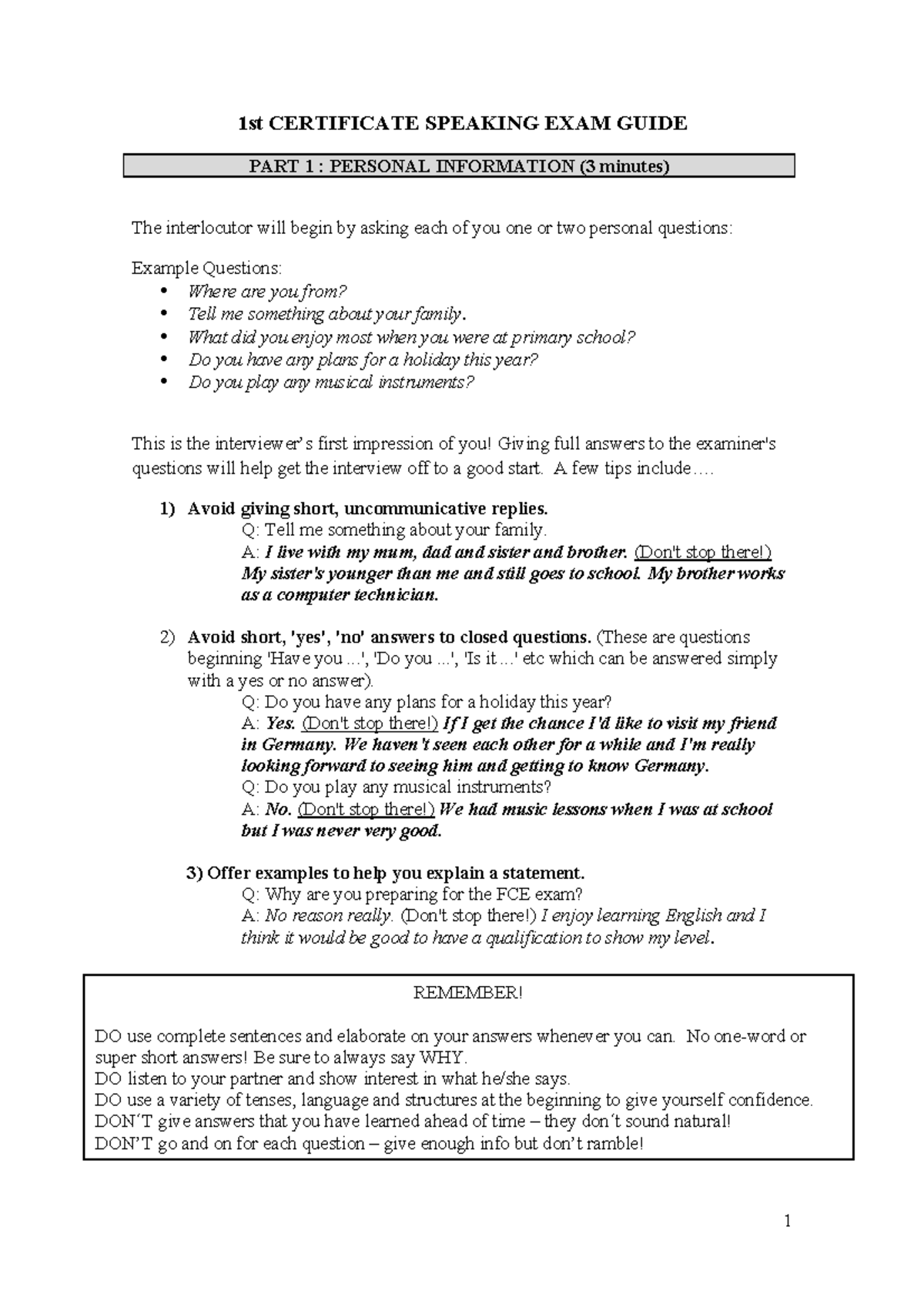 Fce speaking exam guide - 1st CERTIFICATE SPEAKING EXAM GUIDE PART 1 ...