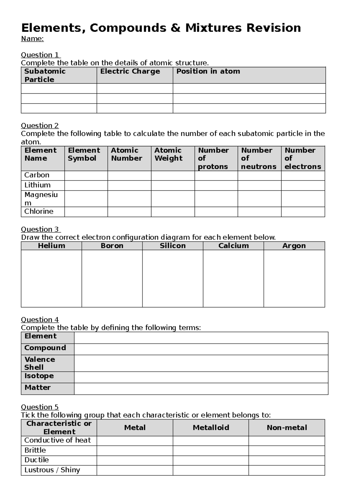 Elements Compounds Mixtures Revision Sheet - Elements, Compounds ...
