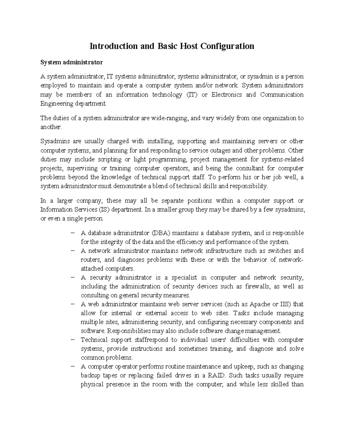Week 7 Introduction To System Adminstrator Notes Introduction And Basic Host Configuration