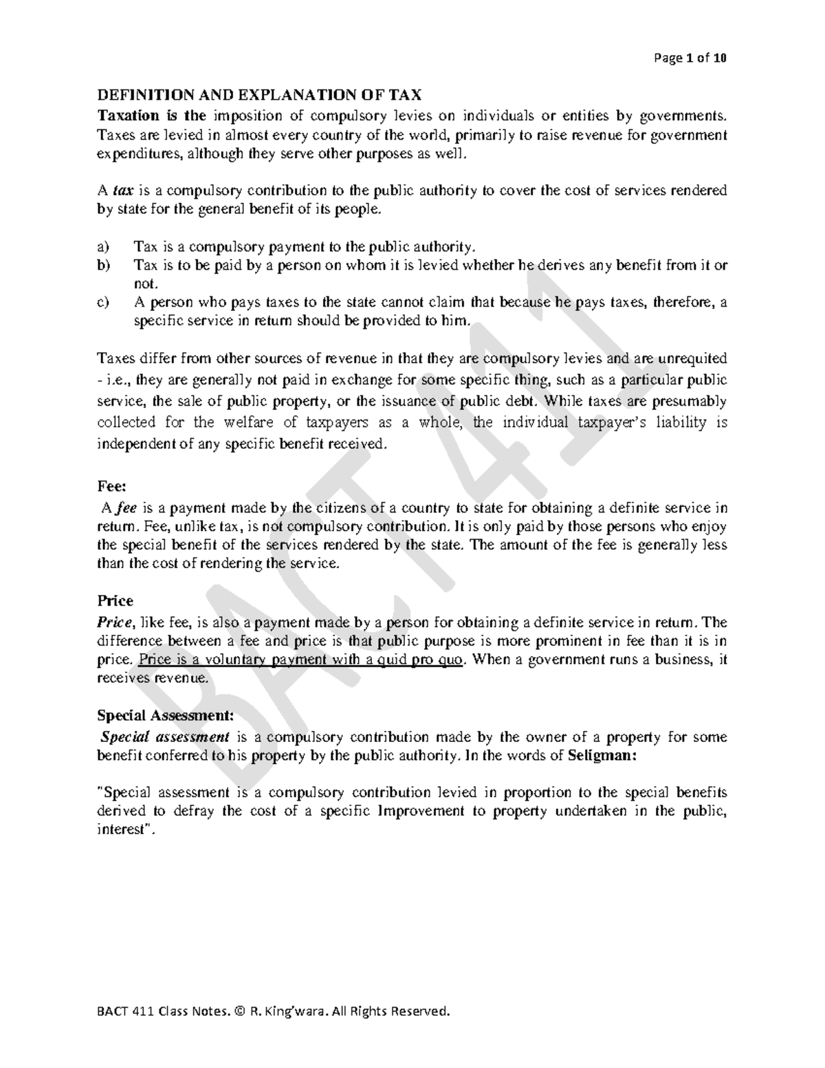 Tax Theory Notes Intro - DEFINITION AND EXPLANATION OF TAX Taxation is ...