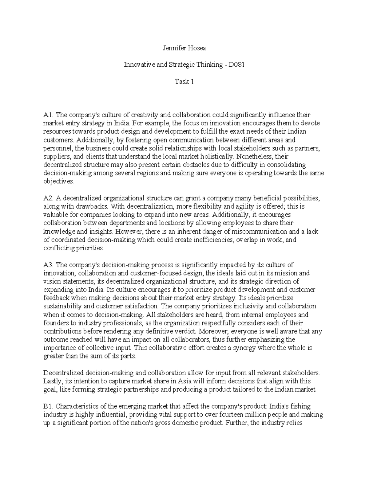 D081 Task 1 - Task 1 - Jennifer Hosea Innovative and Strategic Thinking ...