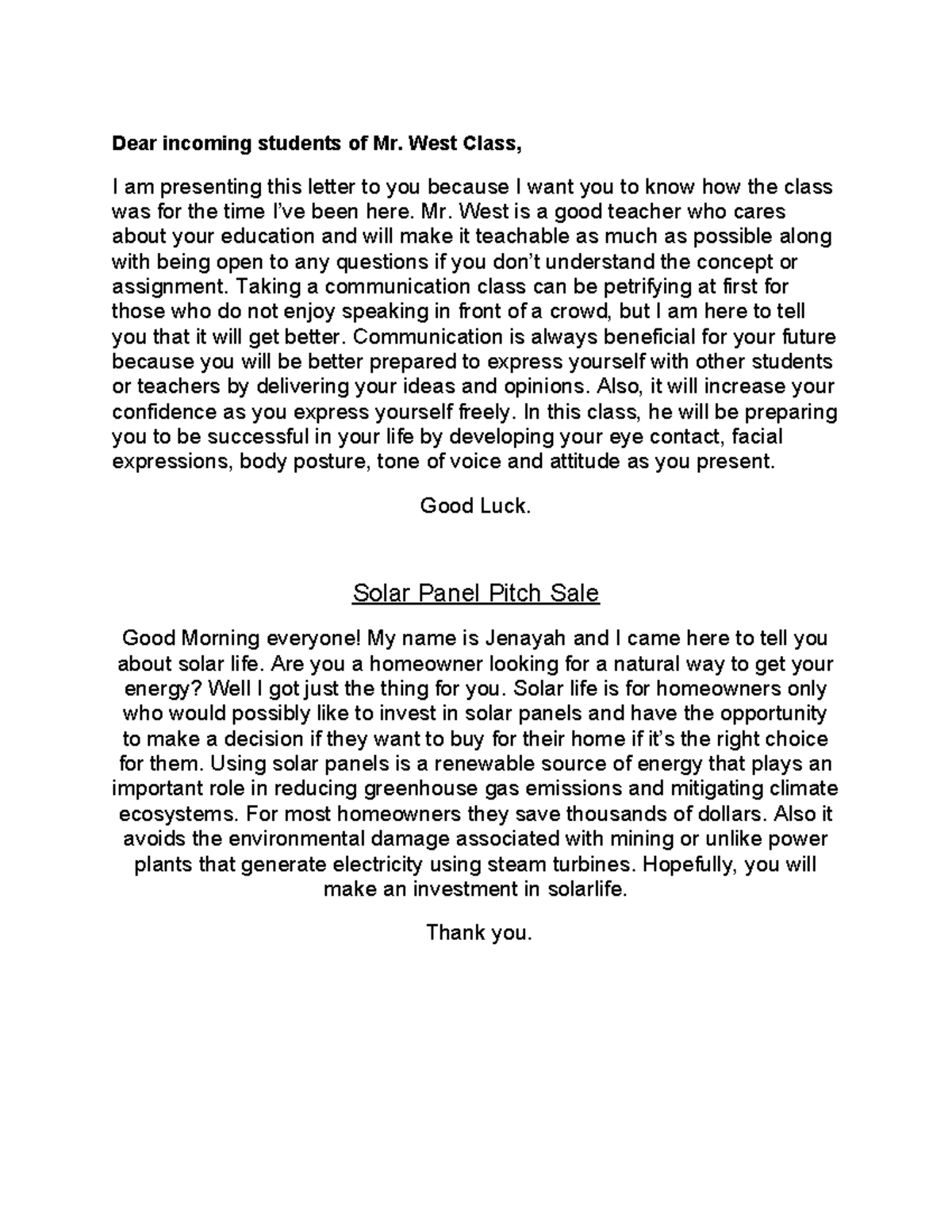 Dear incoming class of Mr. West (final assignment) - Dear incoming ...