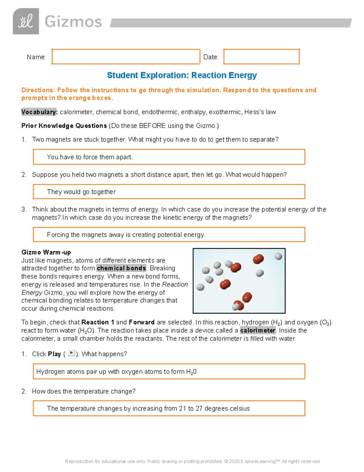 Reaction Energy Gizmo - Name: Date: Student Exploration: Reaction ...