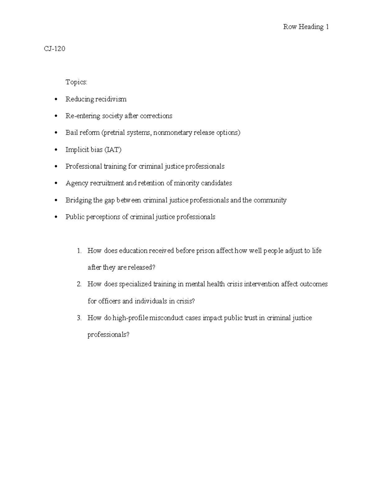 Cj 120 8-2 Module Eight Practice Activity - Row Heading 1 CJ- Topics ...
