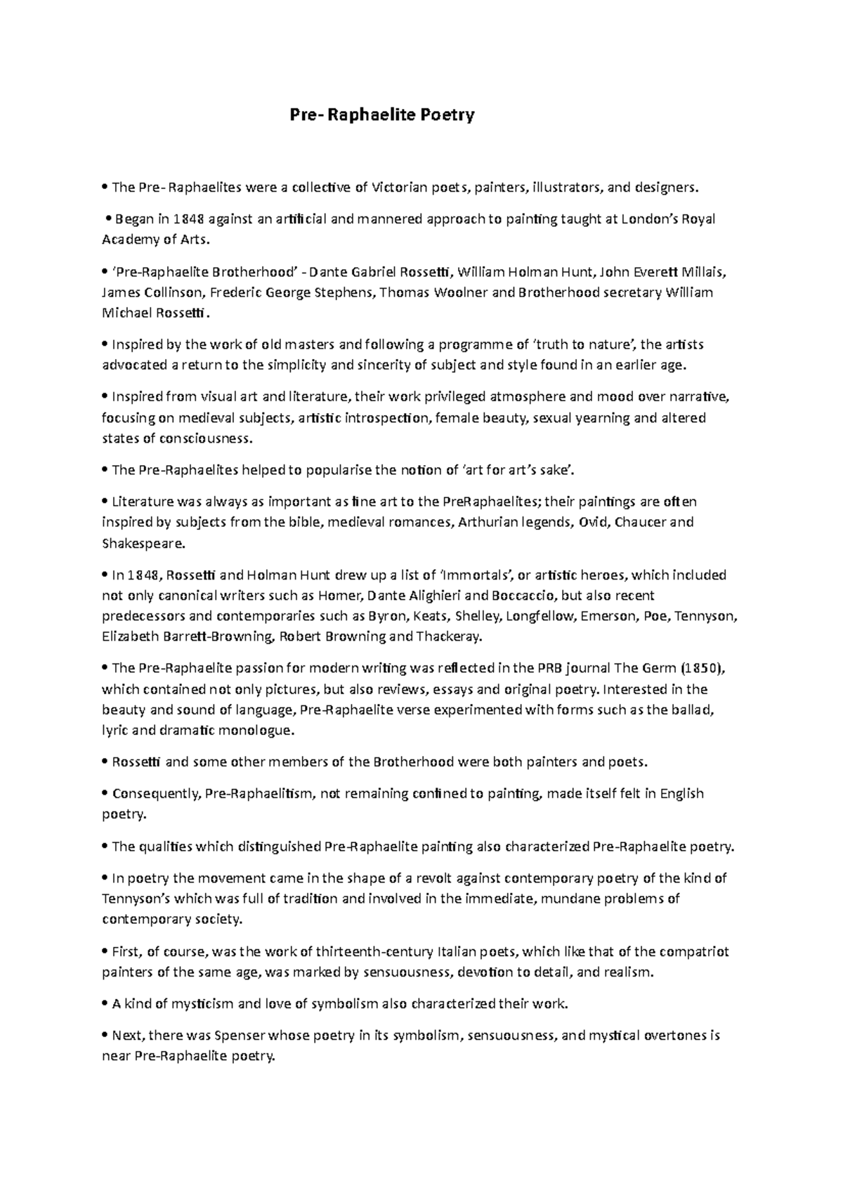 Pre- Raphaelite Poetry - Began in 1848 against an artificial and ...