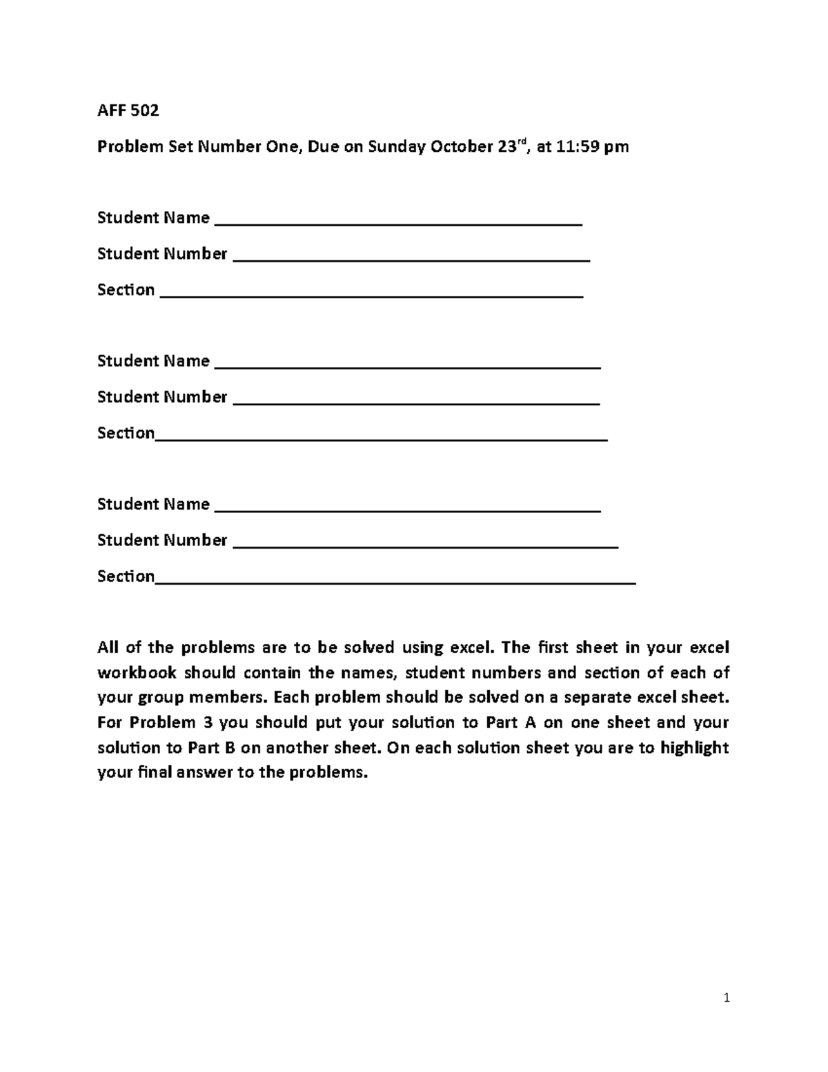 Problem set number one fall 2022 october 2nd, 2022 - AFF 502 Problem ...