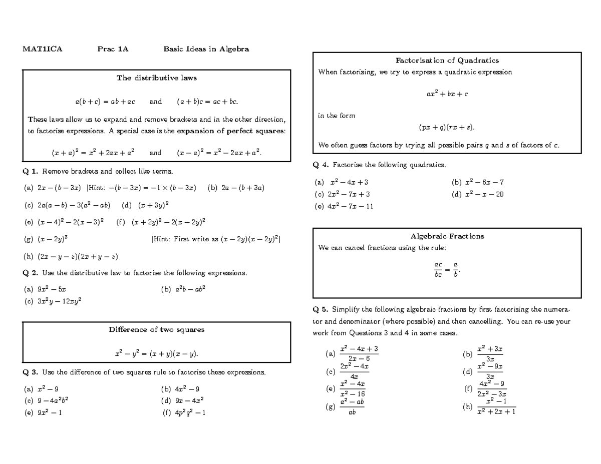 Prac1A - week 1 tutorial sheet - MAT1ICA Prac 1A Basic Ideas in Algebra ...