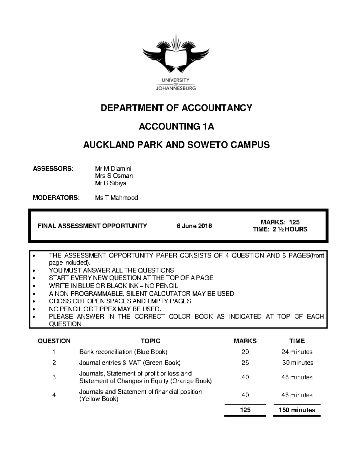 Accounting 1A paper 2016 University of Johannesburg test paper ...