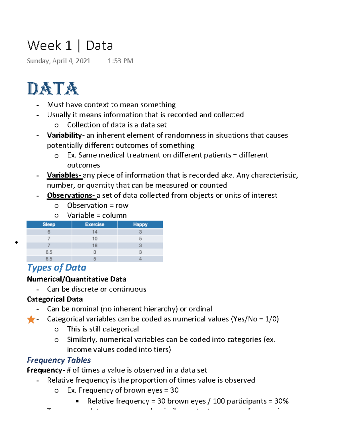 Stats Week 1 Data Types - Lecture notes Week 1 - Stats 10 - UCLA - Studocu