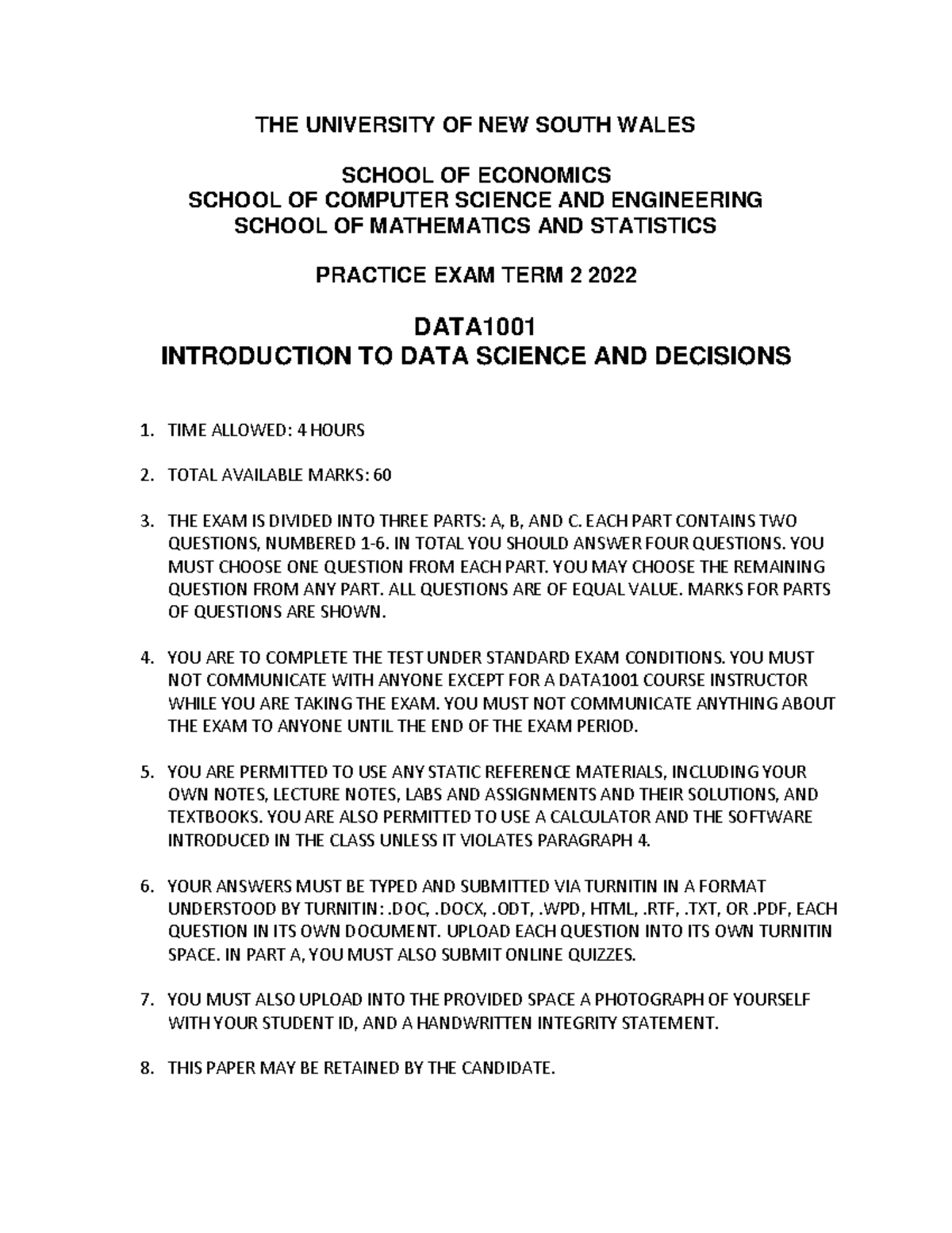 DATA1001 Practice 2022T2 - THE UNIVERSITY OF NEW SOUTH WALES SCHOOL OF ...