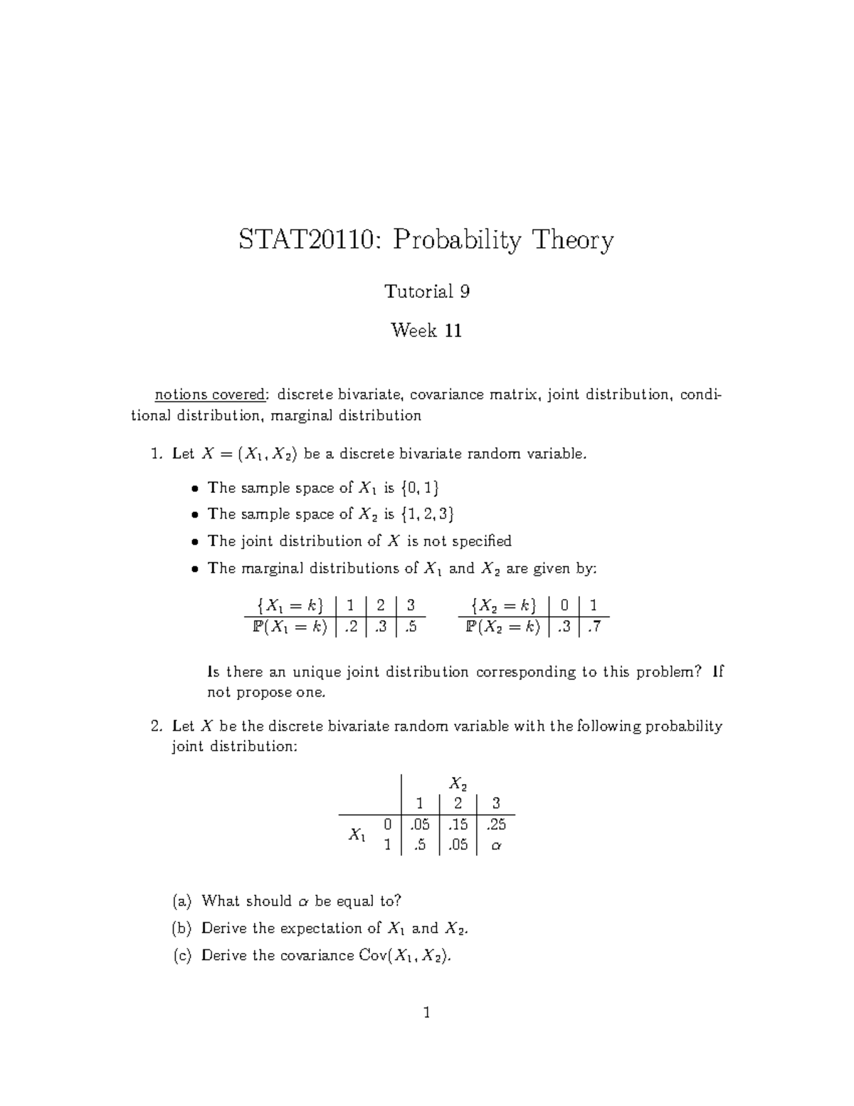 Tutorial 9 - solutions - STAT20110: Probability Theory Tutorial 9 Week ...